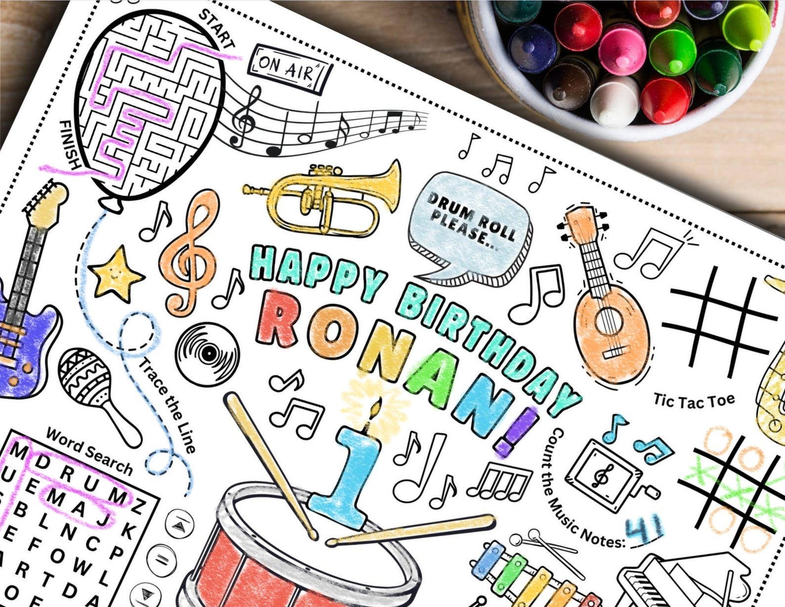 Personalized MUSIC Bday Coloring and Activity Placemat for Kids ...