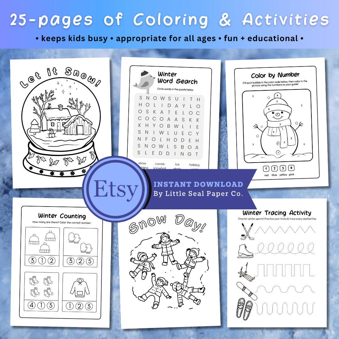 25-page Winter Coloring Activity Busy Book for Kids, All Ages, DIY ...