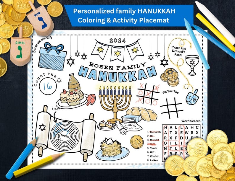 Personalized Family Hanukkah Coloring and Activity Placemat for Kids ...
