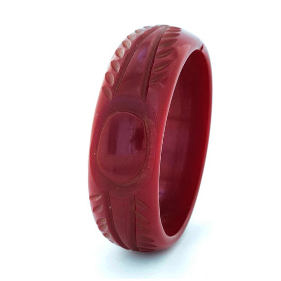 1930s Vintage Deep Cherry Red Bakelite Bangle Two Leaf Carving | Etsy