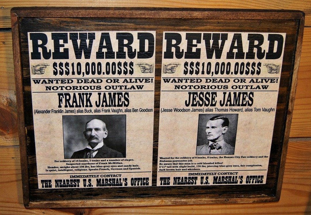 Frank and Jesse James Wanted Image - Wooden Sign - Etsy