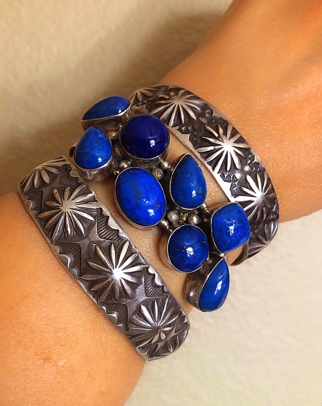 Navajo Handmade Sterling Silver Lapis Cuff Bracelet Stamped B. Johnson ...