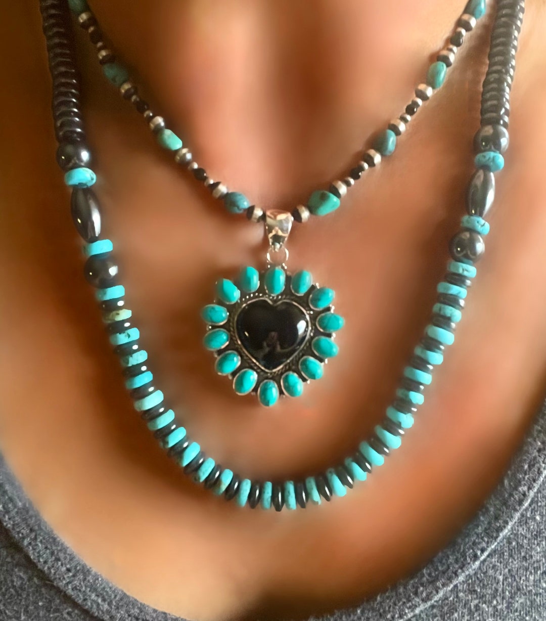 Heart Shaped Sterling Silver Cluster Pendant With Turquoise and Black ...