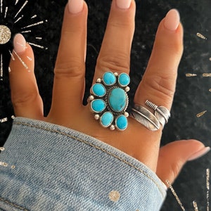 Native Navajo Sterling Silver ADJUSTABLE Natural Turquoise Half Cluster ...