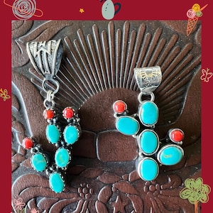 Sterling Silver Turquoise and Coral Saguaro Cactus Pendant - Etsy