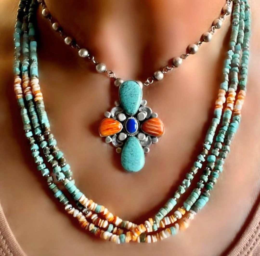 Adjustable Three-strand Turquoise Spiny Oyster Heishi Necklace - Etsy