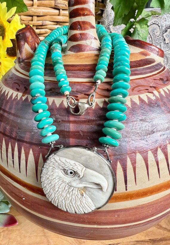 Rare Vintage Signed P.M. Designs Carved Eagle Turquoi… - Gem