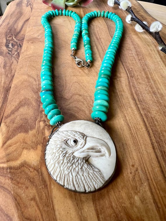 Rare Vintage Signed P.M. Designs Carved Eagle Turquoi… - Gem