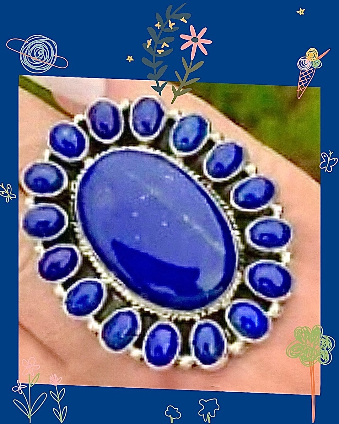 XXL Geraldine James Sterling Silver Lapis Lazuli Cluster Ring Size 8 3/ ...