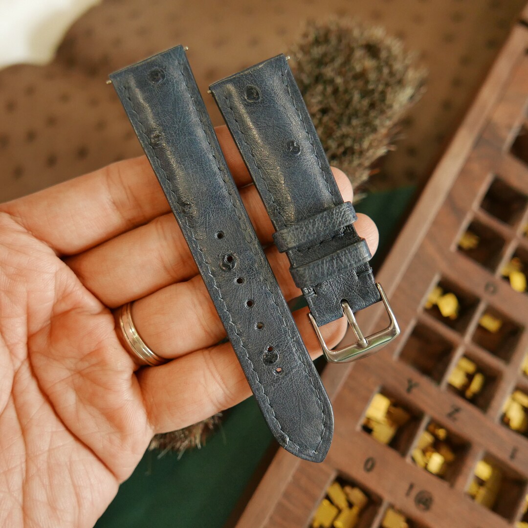 Handmade Navy Blue Ostrich Quill Leather Watch Strap, Thin and Soft ...