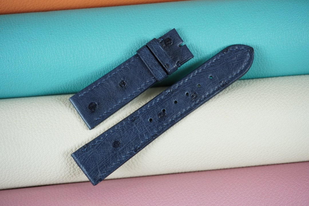 Handmade Navy Blue Ostrich Quill Leather Watch Strap, Thin and Soft ...