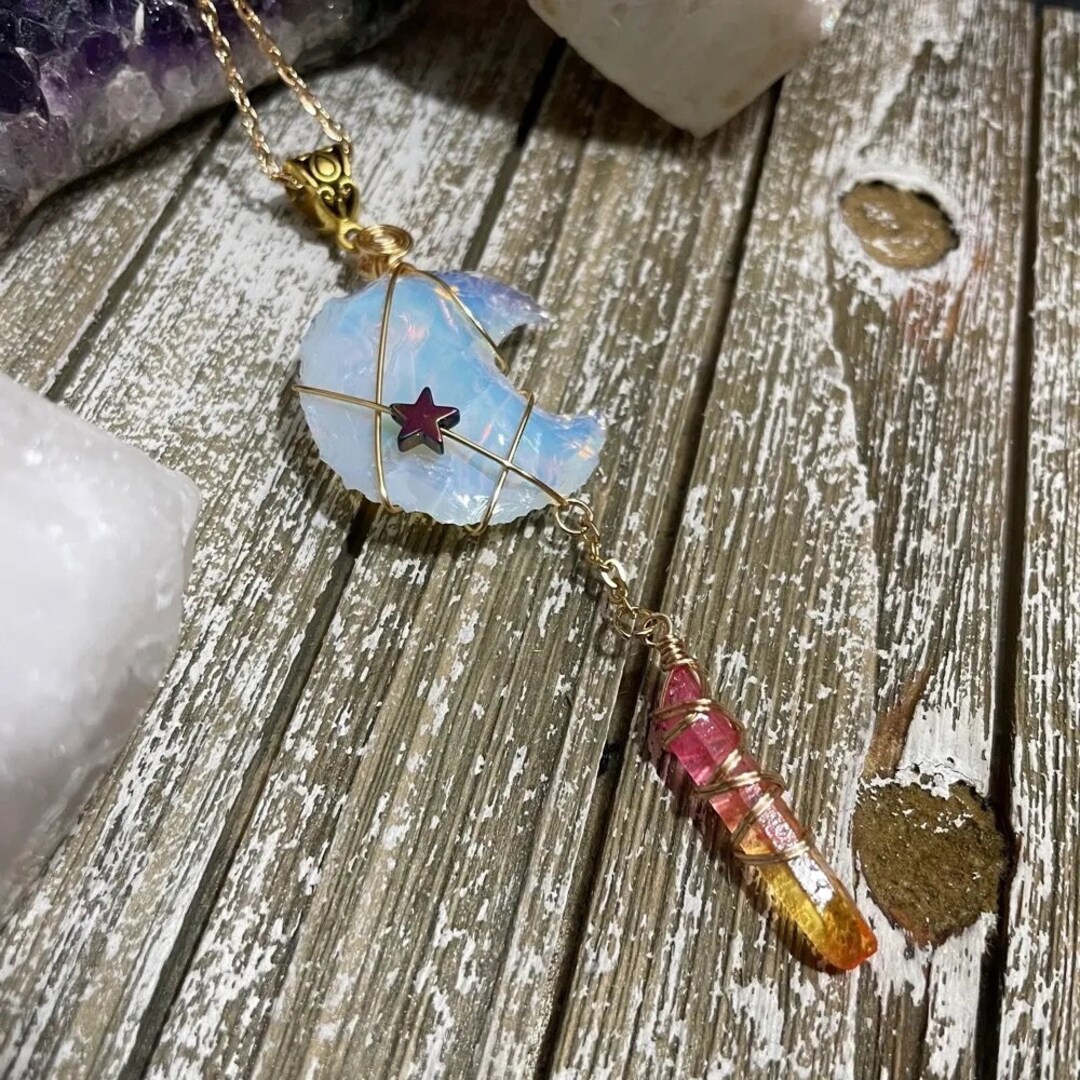 Opalite Moon W/ Sunset Quartz and Hematite Necklace - Etsy