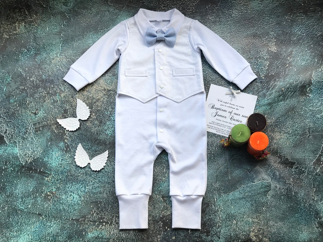 Baby Boy Blessing Outfit, White Cotton Onesie, Light Blue Bowtie - Etsy