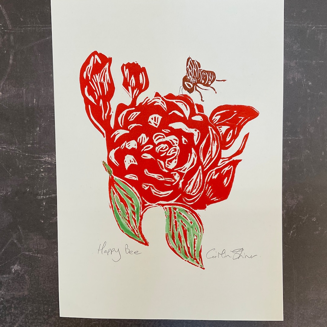 Red Rose Linocut Print: Handprinted Bee and Flower Art - Etsy