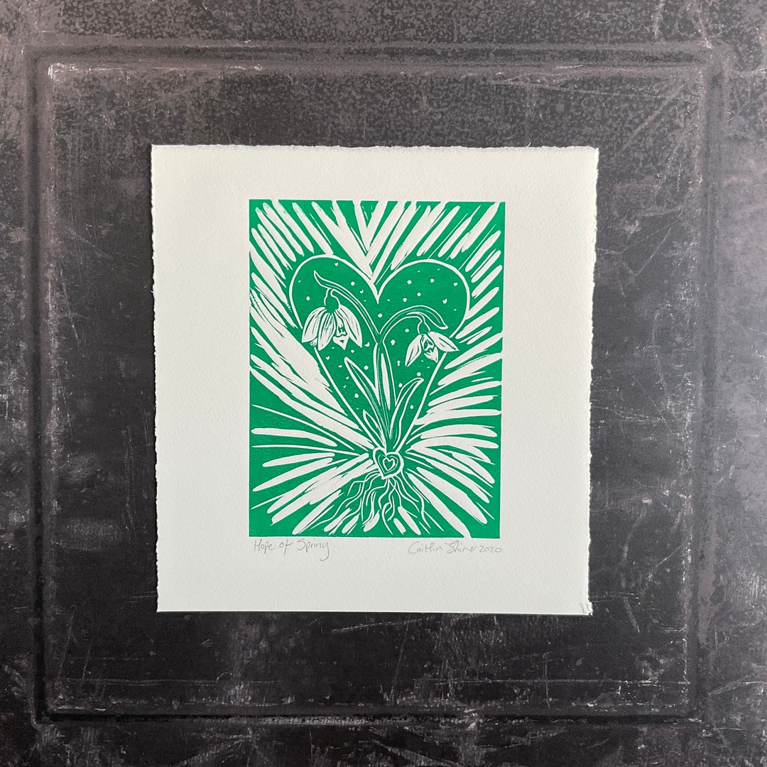 Linocut Print of Snowdrops in Green . Handprinted Snowdrop Lino Print ...