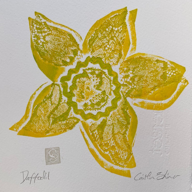 Daffodil Print, Original Collagraph Flower Print, Yellow Daffodil ...