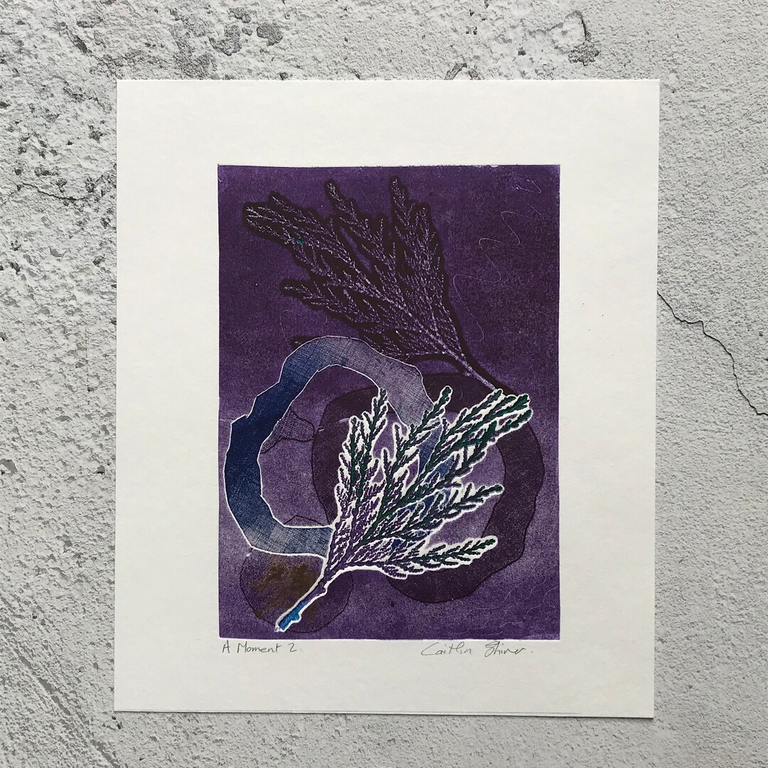 Handprinted Purple Circle and Fern Mono Print. Abstract Original ...