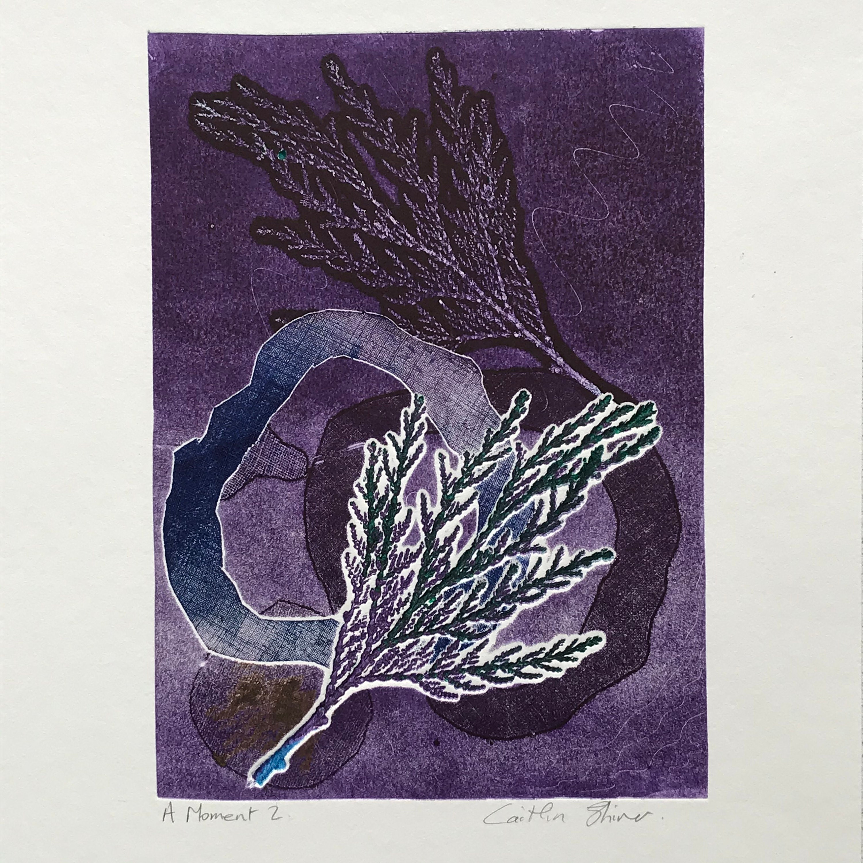 Handprinted Purple Circle and Fern Mono Print. Abstract Original ...