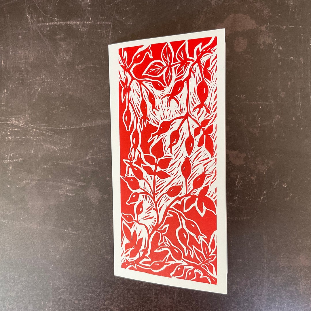 Rose Hip, Red Rose Hip Card, Handmade Card, Handprinted Card, Linocut ...