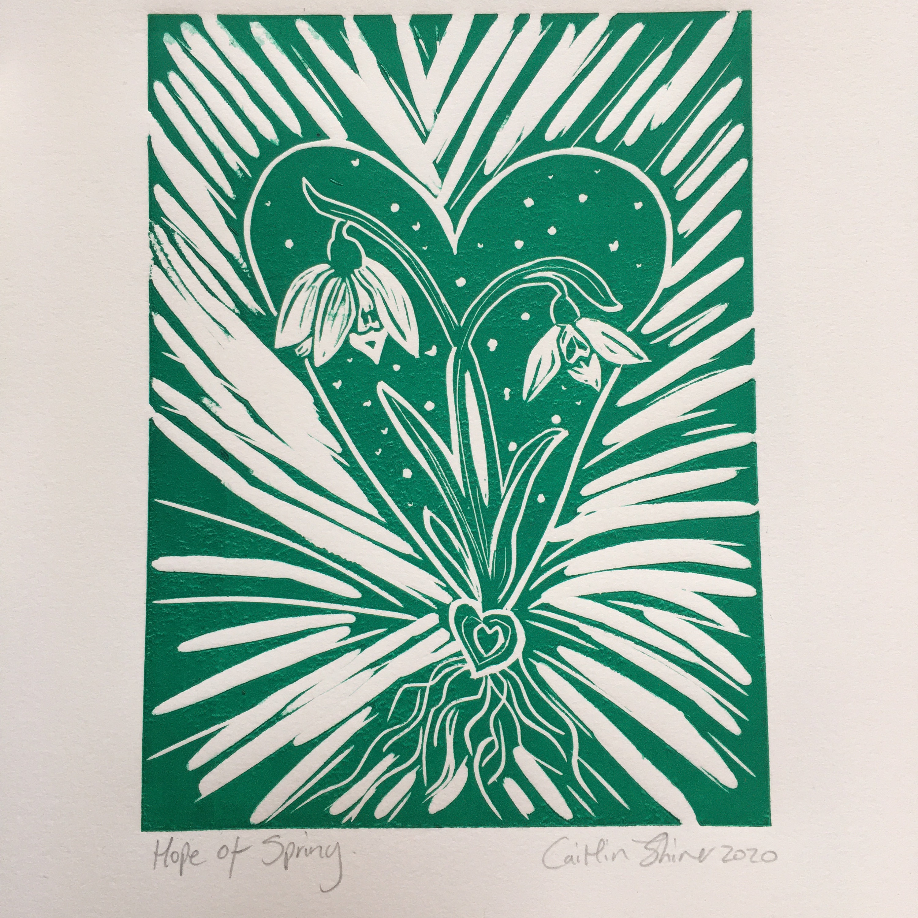 Linocut Print of Snowdrops in Green . Handprinted Snowdrop Lino Print ...