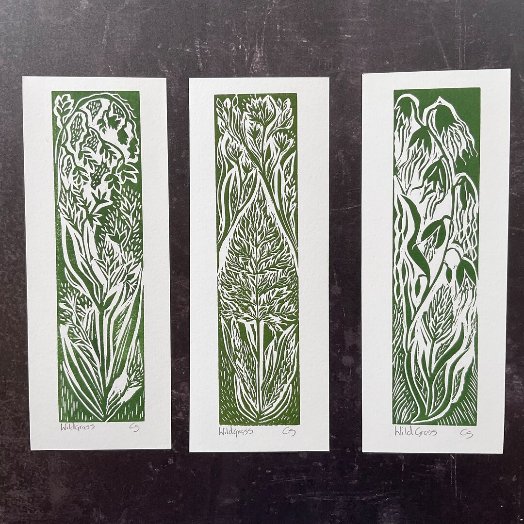 Handprinted Wild Grasses Linocut Bookmark: Earthy Green Mini Print - Etsy