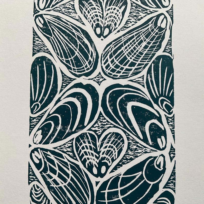 Mussels, Linocut Print of Mussel Shells, Seashells. - Etsy