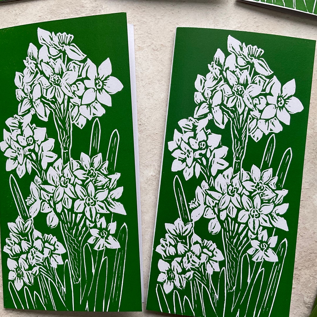 Paper White Narcissus Lino Cut Print, White Flower Birthday Card, White ...