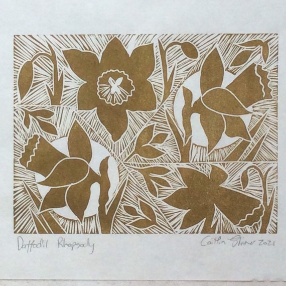 Daffodils Original Lino Cut 'Springtime' 2021 Signed Prints Wood ...