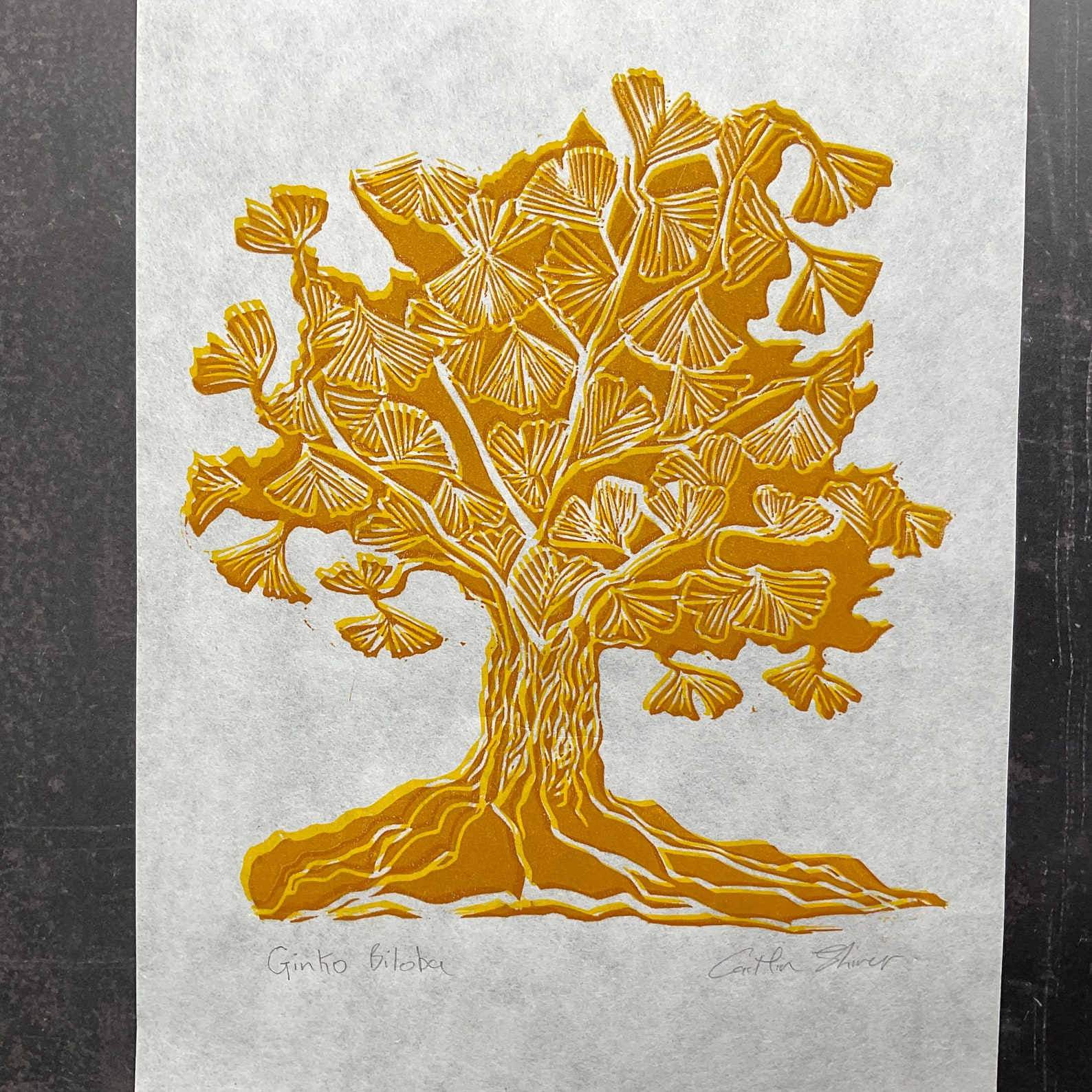 Ginkgo Leaf Linocut Print, Handprinted Yellow Lino Print Tree. Golden ...