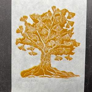 Ginkgo Leaf Linocut Print Handprinted Yellow Lino Print Tree. - Etsy