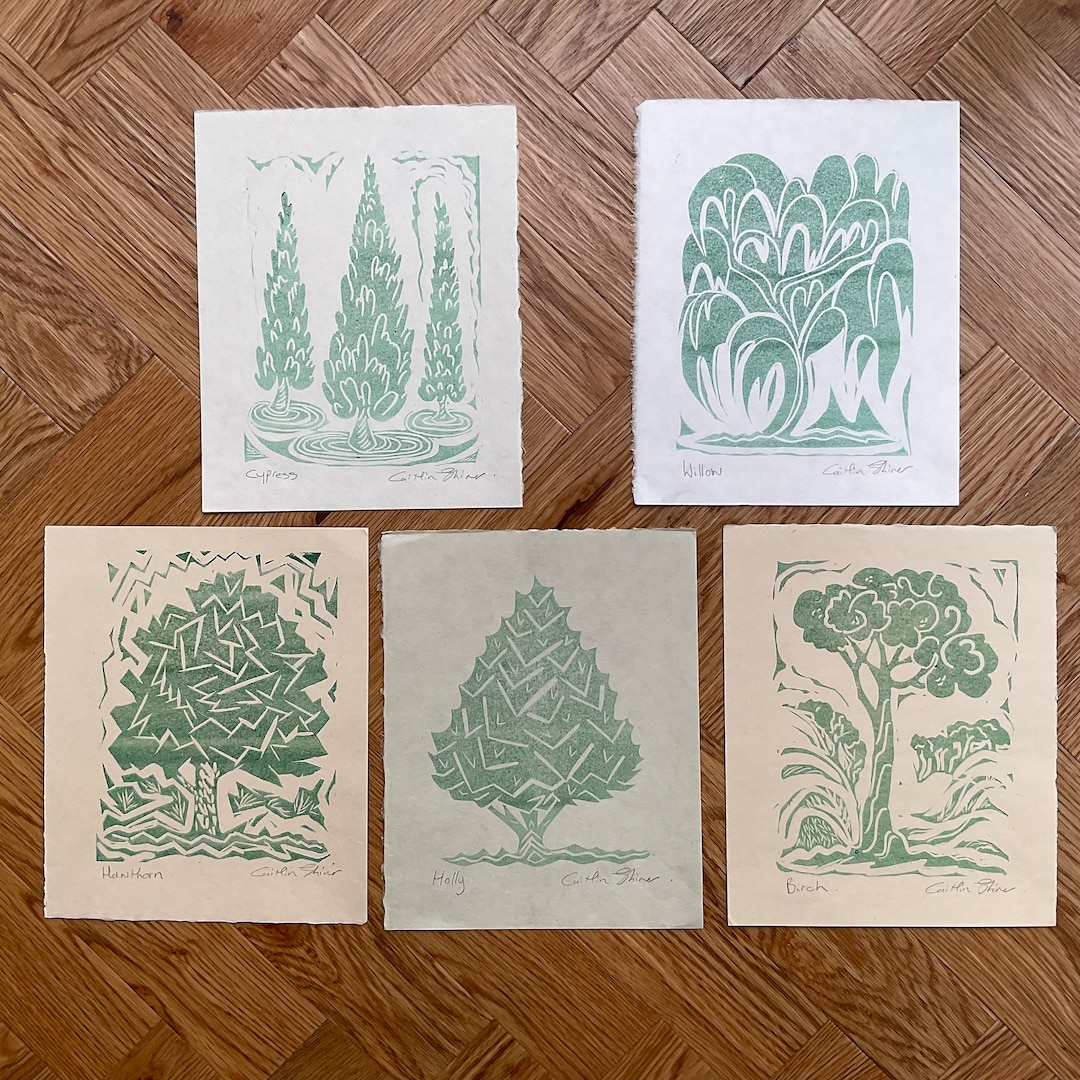 Trees, Linocut Trees, Set of Tree Prints, Linocut Tree Prints, Willow ...