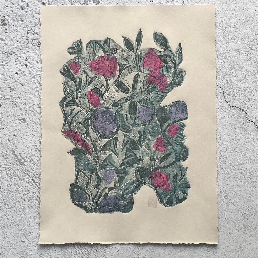 Botanical Collagraph Print, Original Print of Abstract Flowers. Blue ...
