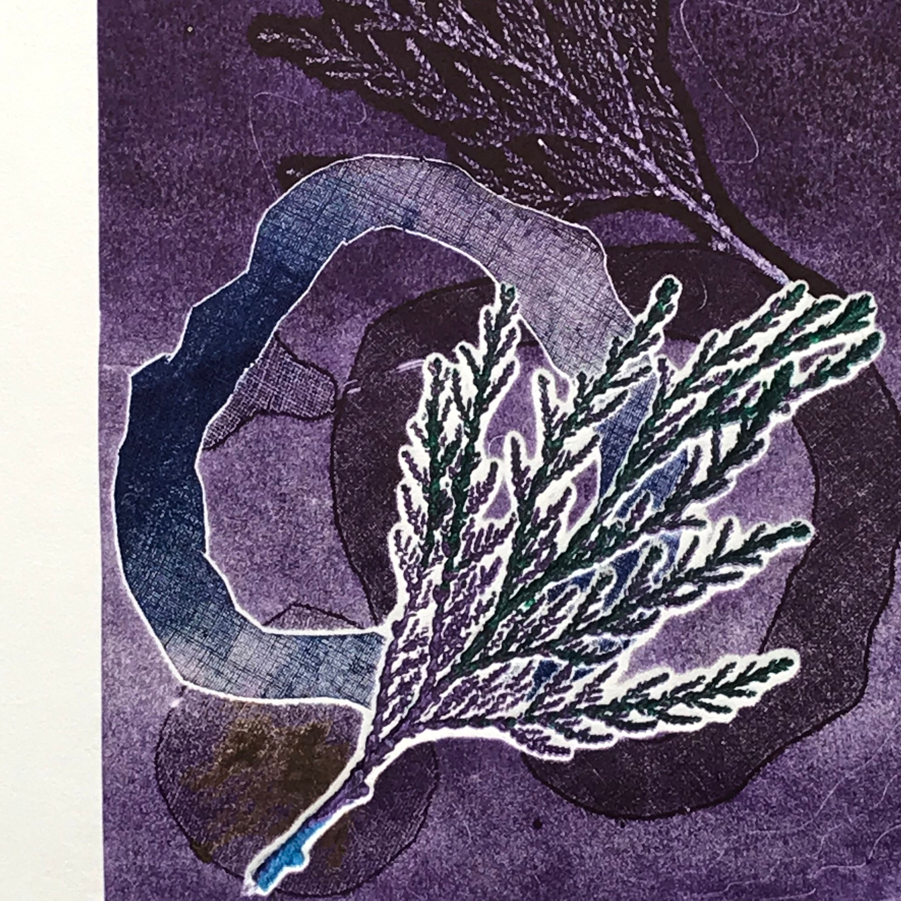 Handprinted Purple Circle and Fern Mono Print. Abstract Original ...