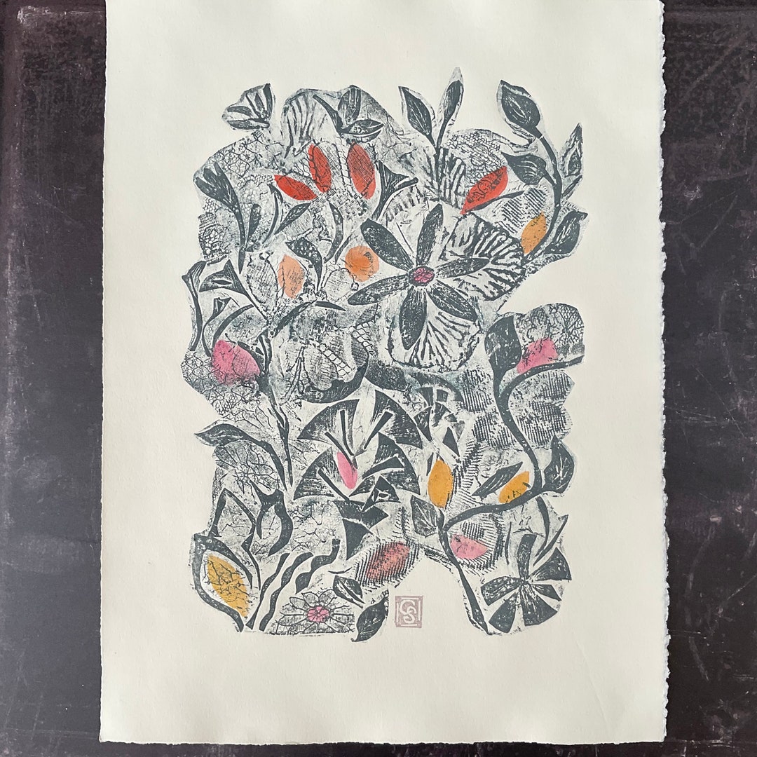 Abstract Floral Collagraph Print: Autumnal Chine Colle Art - Etsy