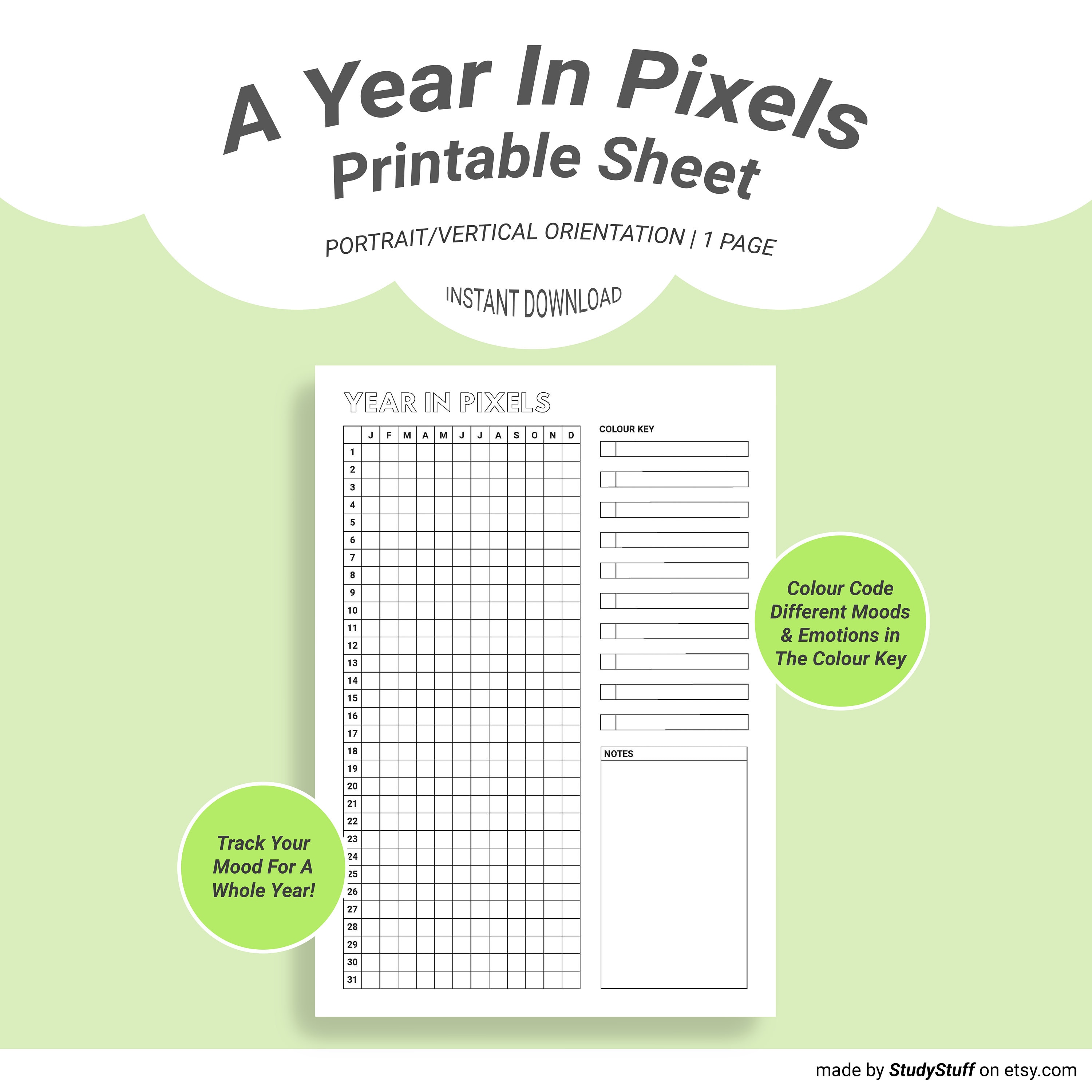 A Year in Pixels Printable Sheet Bullet Journal Mood Tracker Instant ...