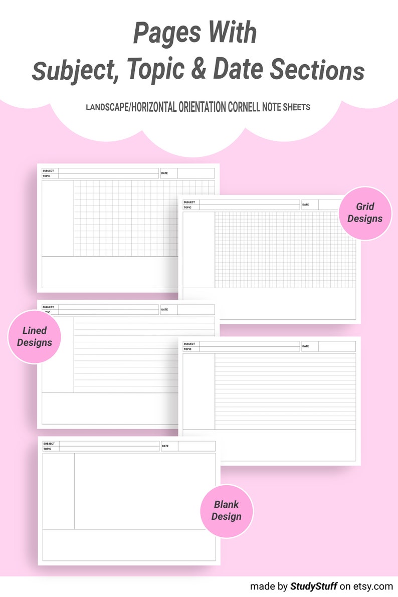 Landscape/horizontal Cornell Note Taking Printable Sheets | Etsy