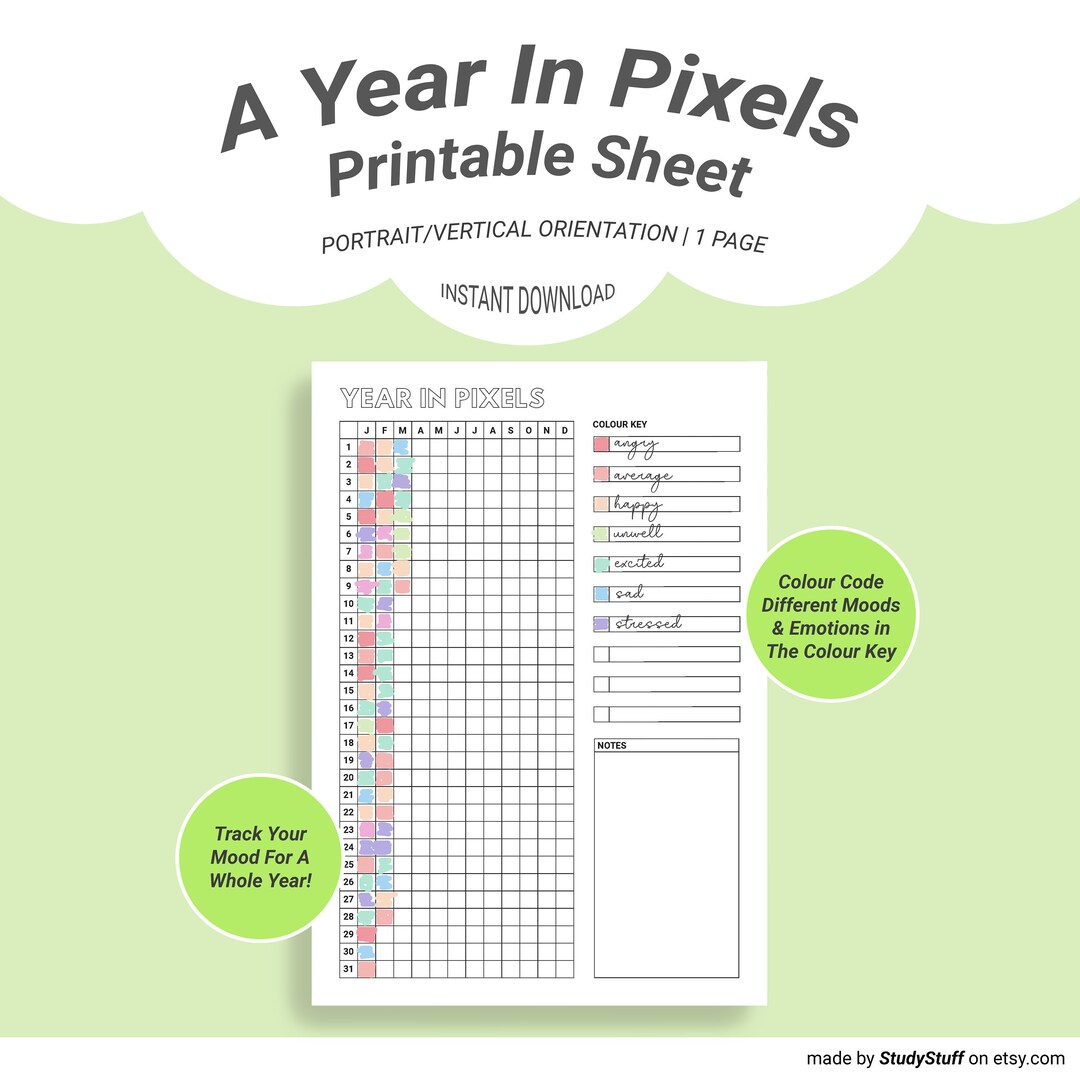A Year in Pixels Printable Sheet Bullet Journal Mood Tracker Instant ...