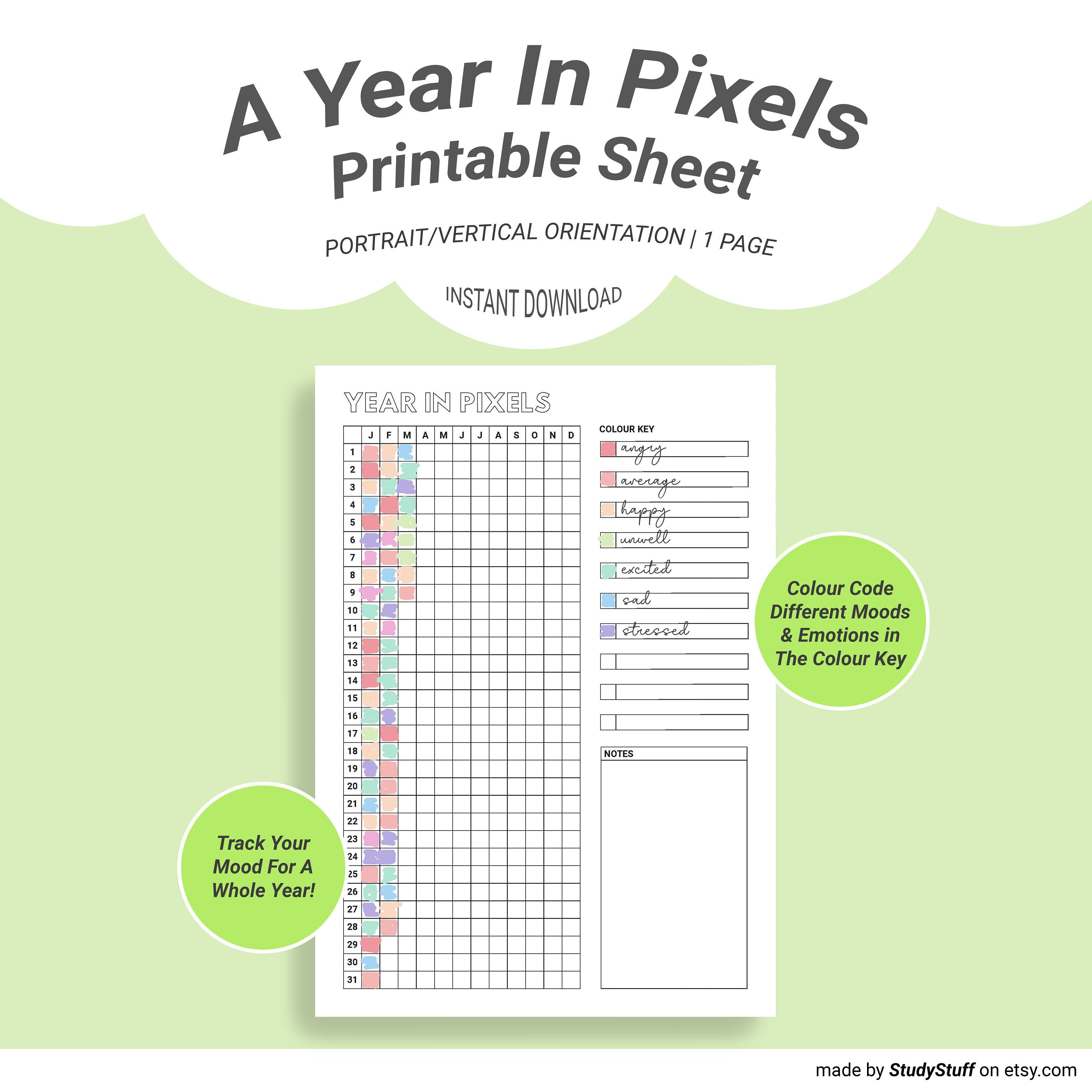 A Year in Pixels Printable Sheet Bullet Journal Mood Tracker Instant ...