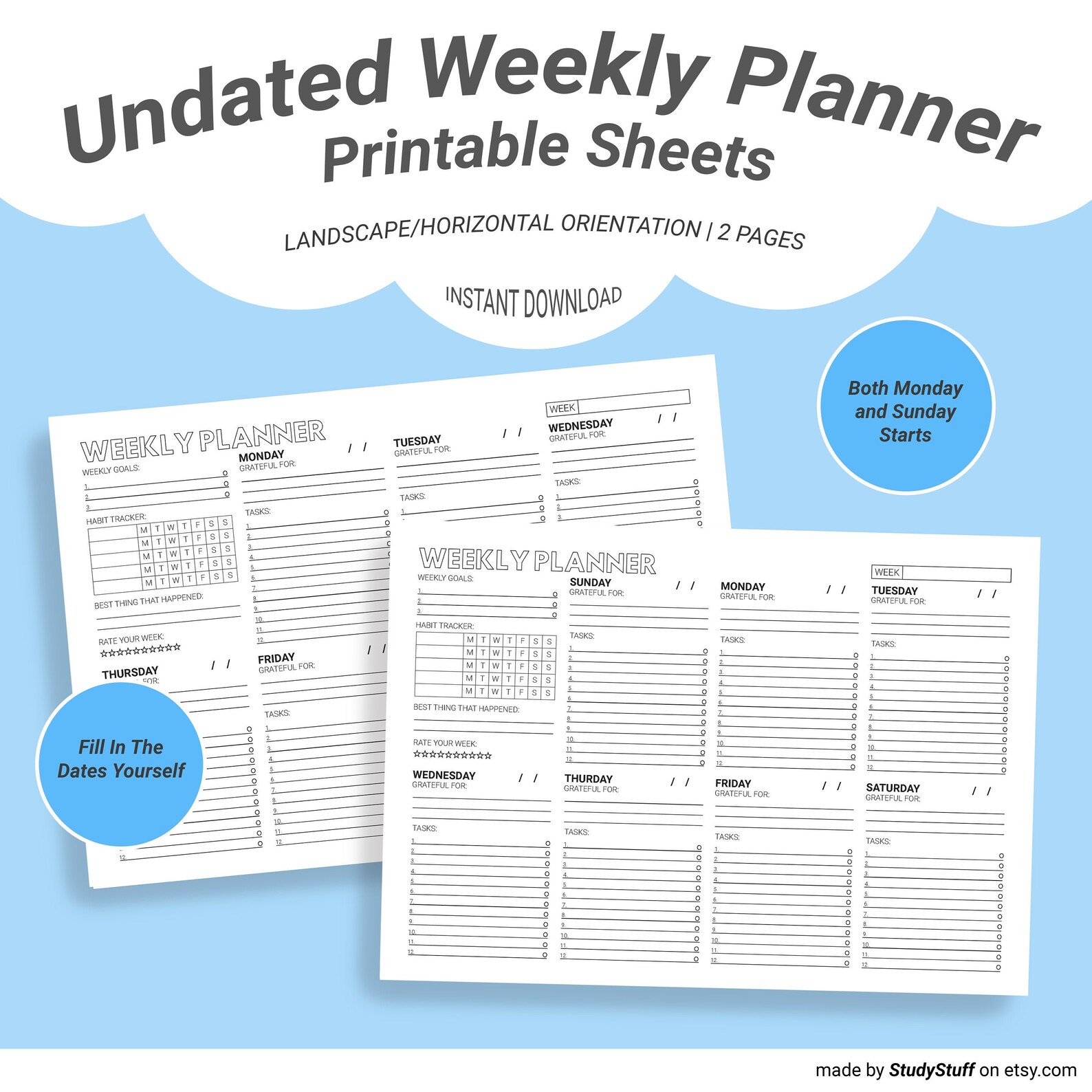 Undated Landscape Weekly Planner Printable Sheets Sunday & Monday Start ...