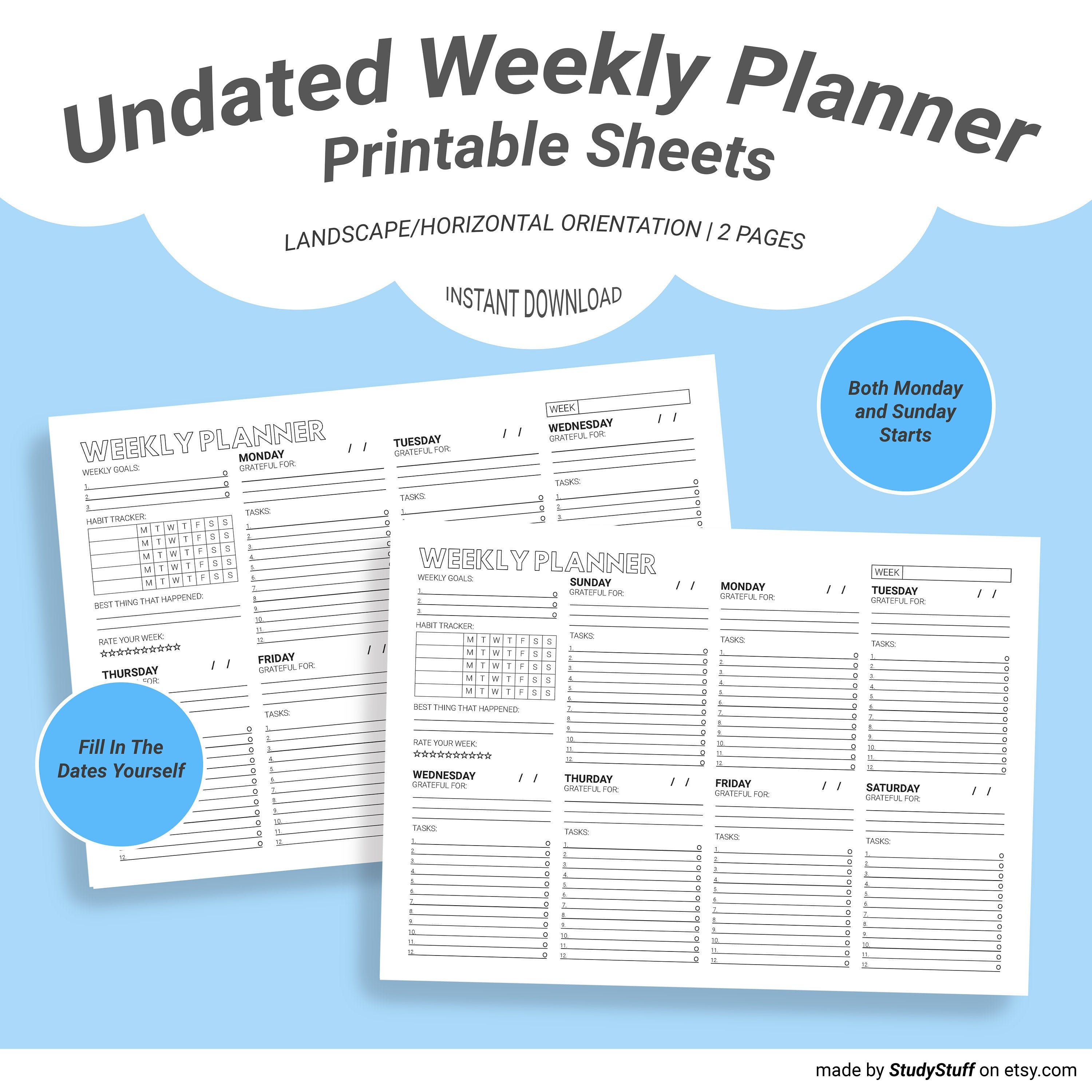 Undated Landscape Weekly Planner Printable Sheets | Sunday & Monday ...