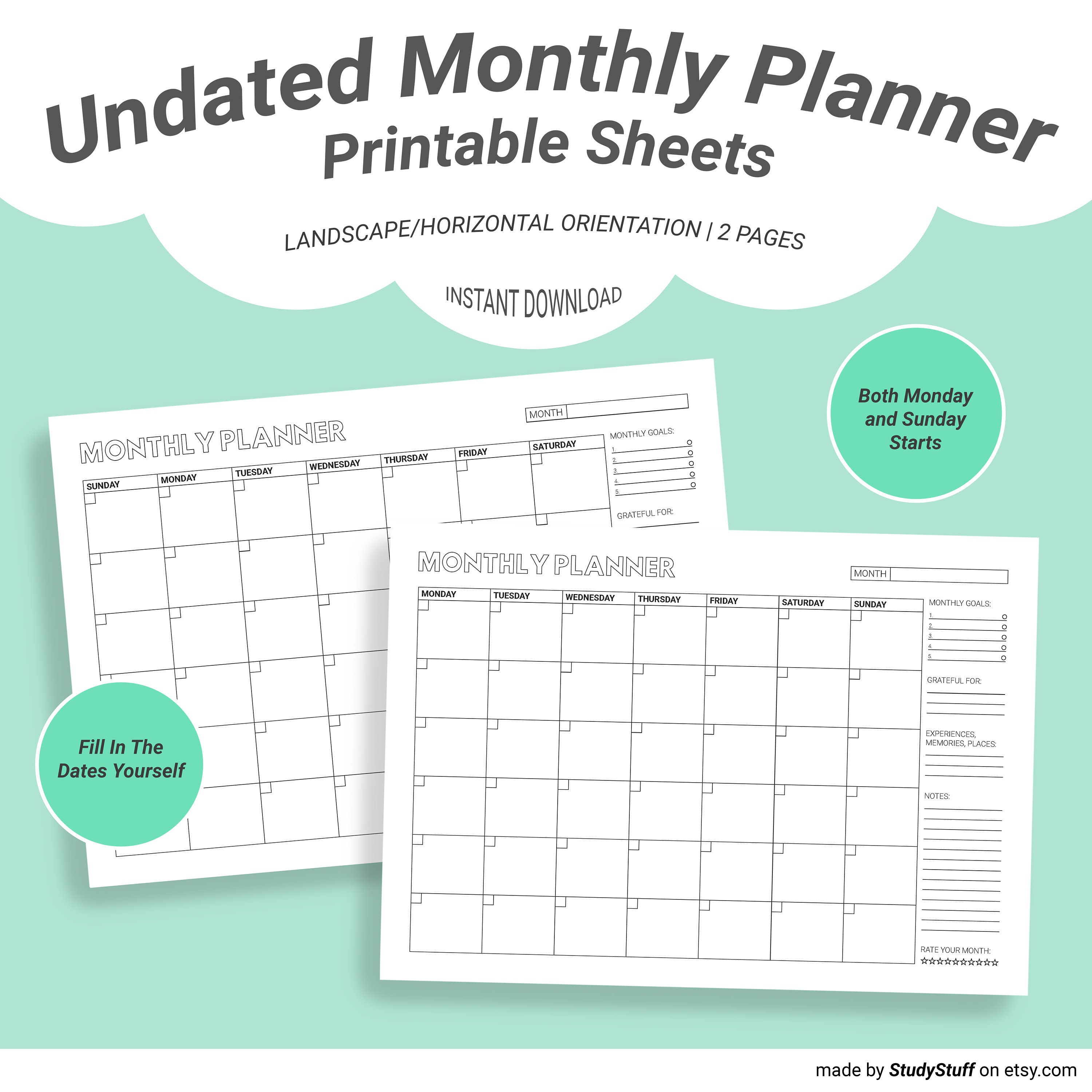 Undated Landscape Monthly Planner Printable Sheets | Sunday & Monday ...