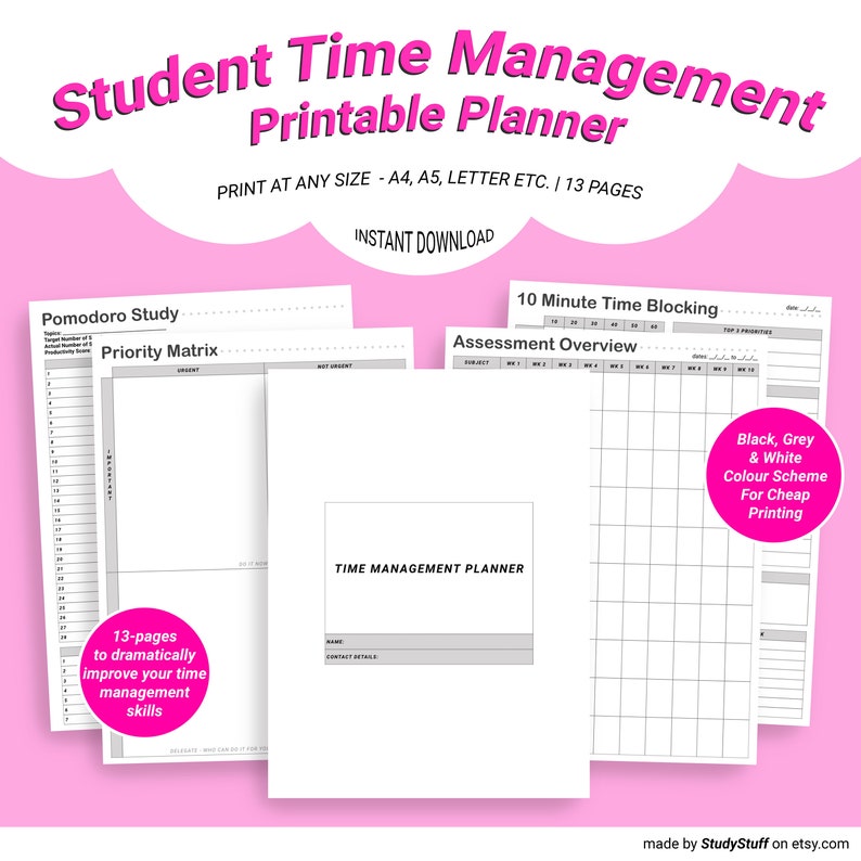 Student Time Management Printable Planner | Study Planning | Time ...