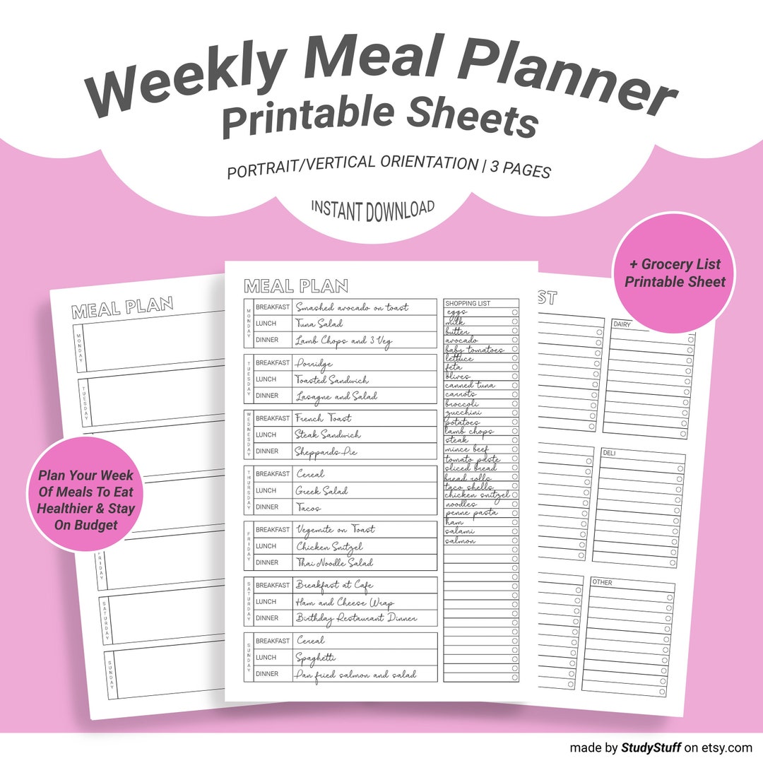Weekly Meal Planner & Grocery List Printable Pack | Kitchen, Cooking ...