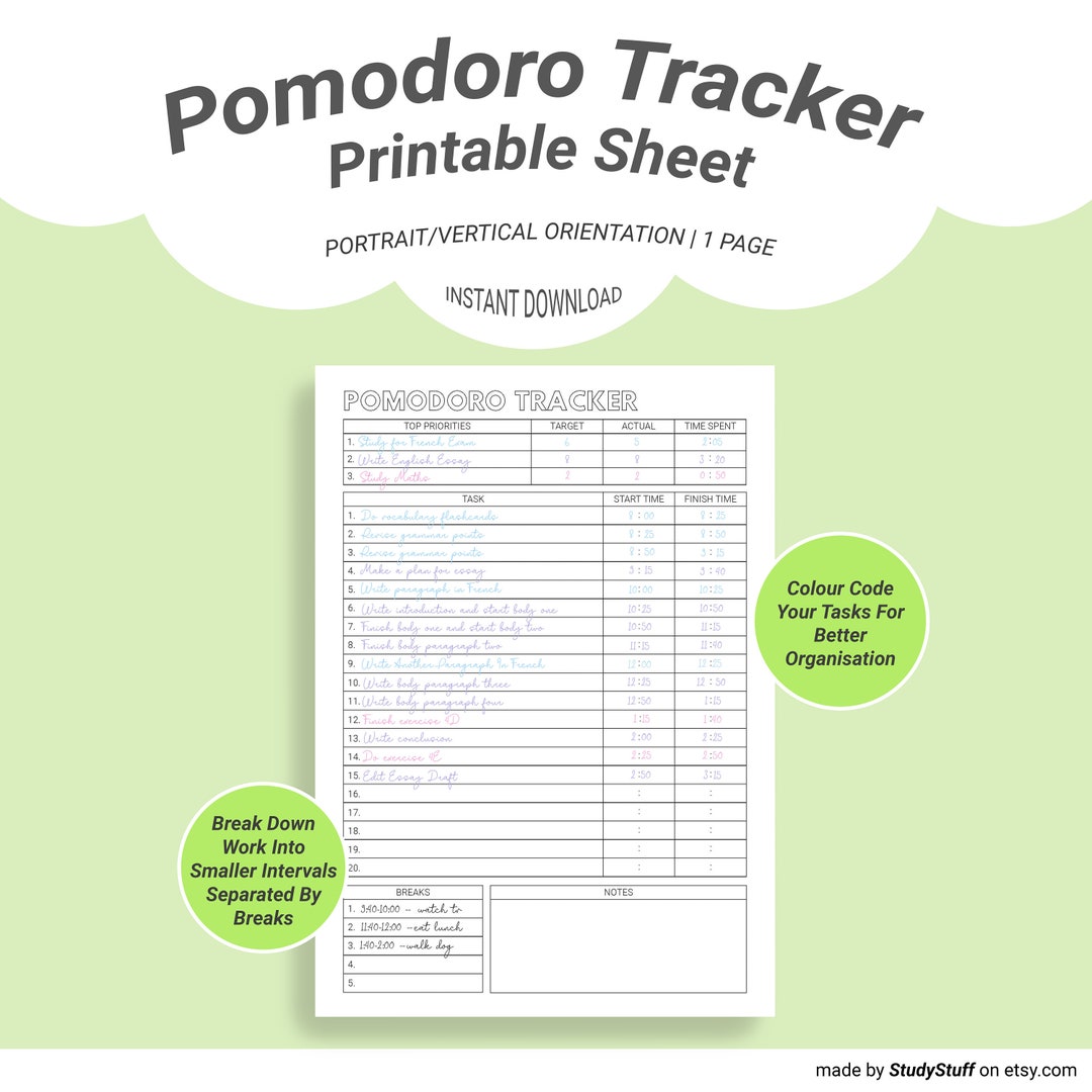 Pomodoro Technique Study Session Tracker Printable | Productivity ...