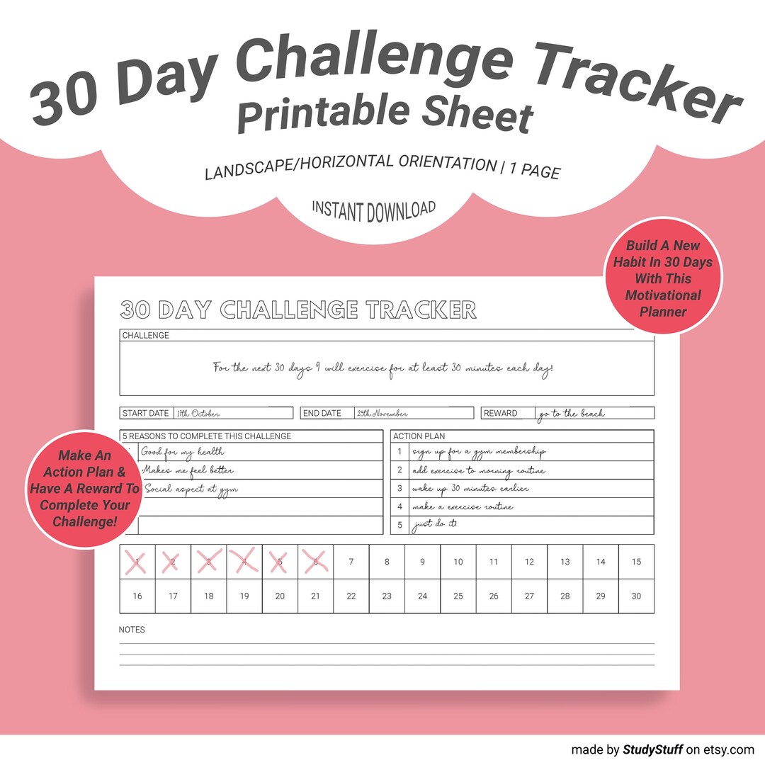 30 Day Challenge Tracker Printable | Bullet Journal Habit Tracker ...