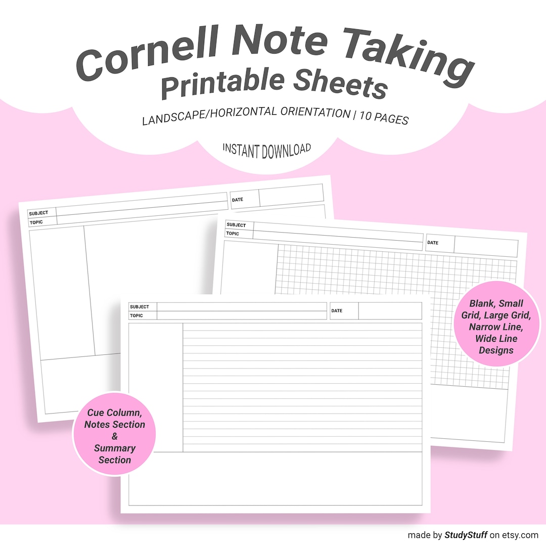 Cornell Notes (landscape/horizontal), Cornell Notes Printable, Cornell ...