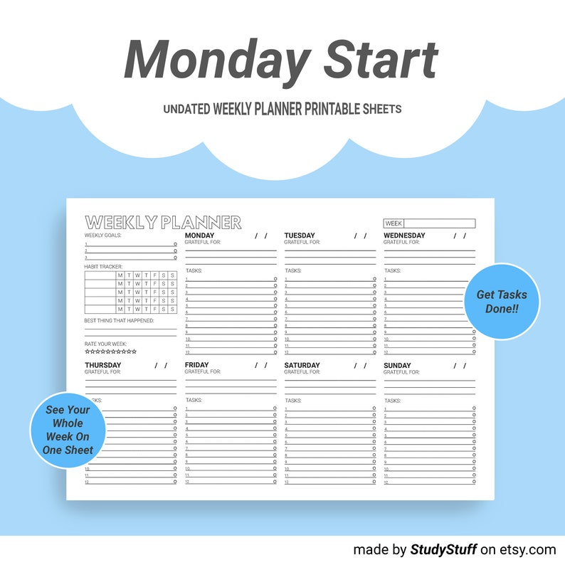Undated Landscape Weekly Planner Printable Sheets Sunday & - Etsy