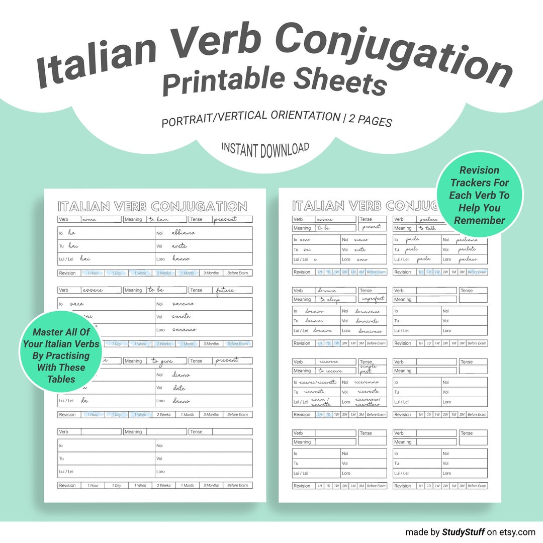 Italian Language Verb Conjugation Practice Worksheets Printable ...