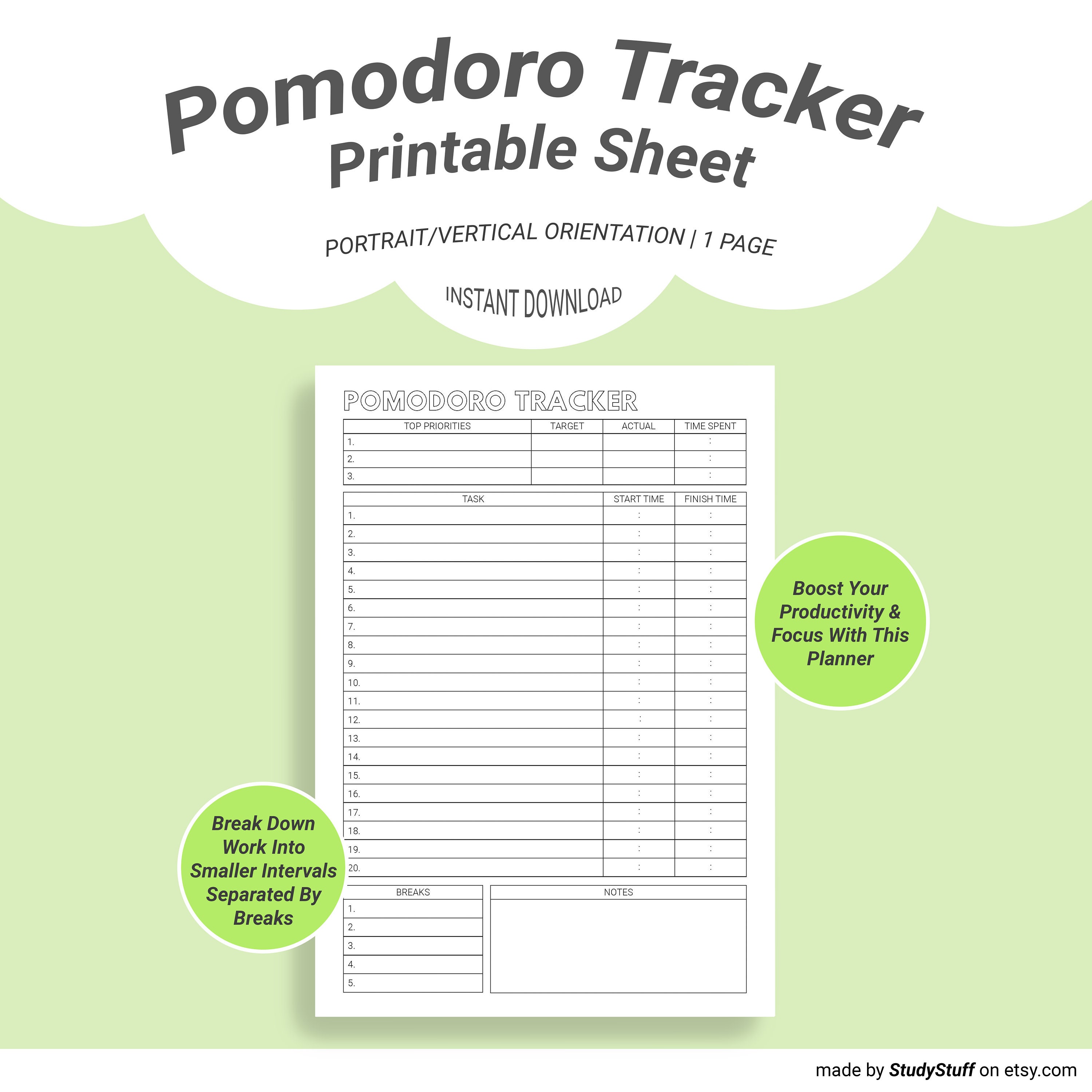 Pomodoro Technique Study Session Tracker Printable | Productivity ...