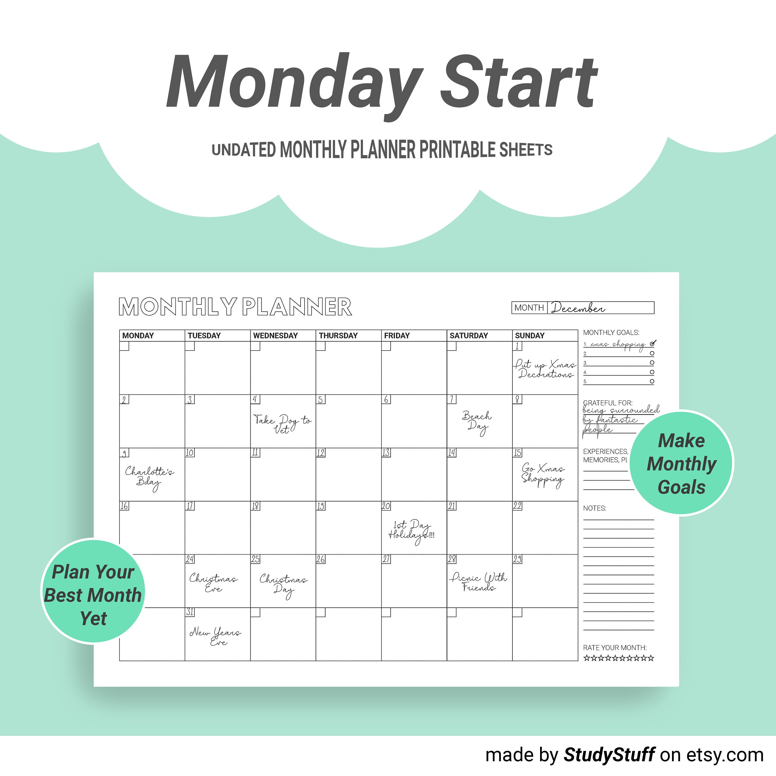 Undated Landscape Monthly Planner Printable Sheets Sunday & - Etsy